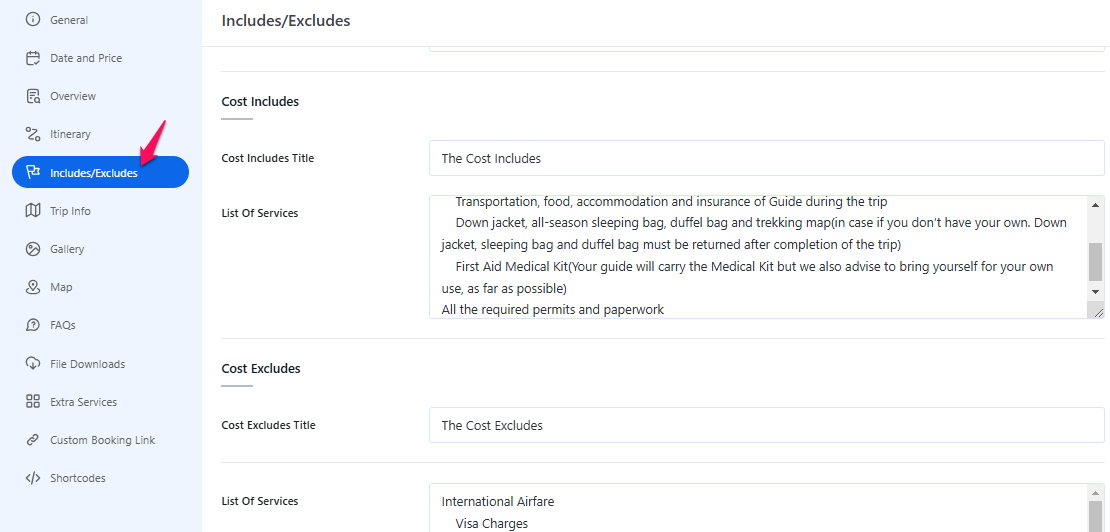 How to add Trip Includes/ Excludes? - WP Travel Engine Documentation
